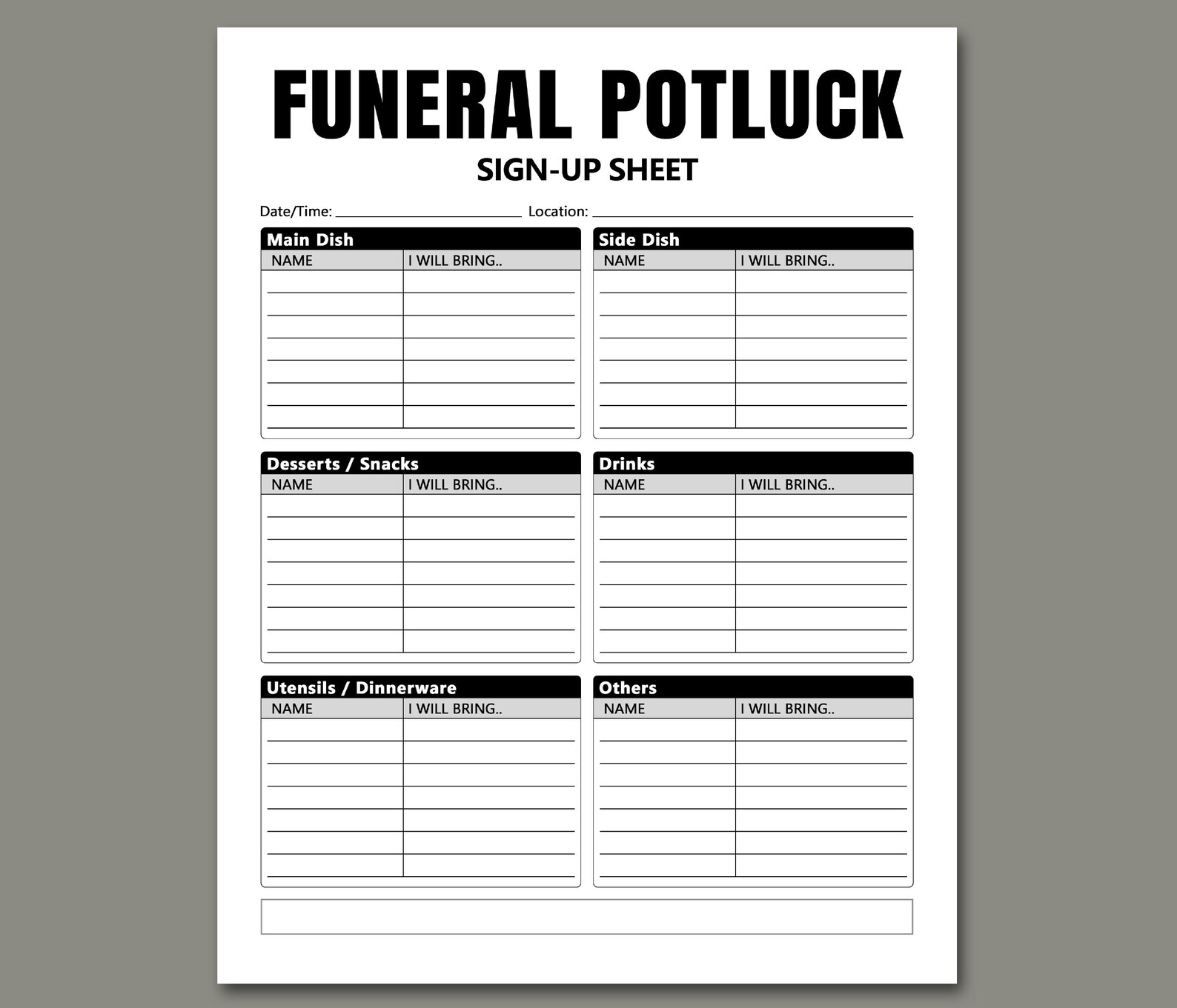 Funeral Potluck Sign up Sheet Printable, Signup Form for Potluck Dinner ...