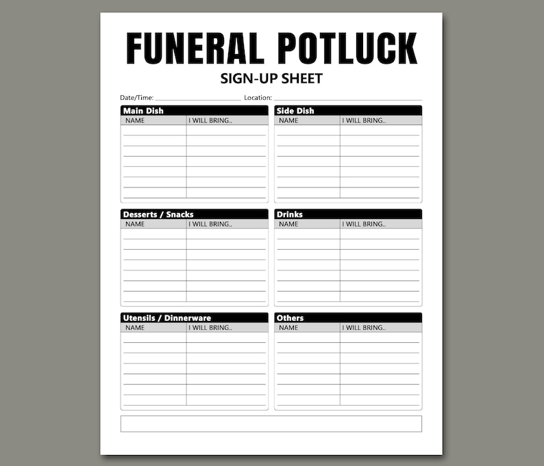 Funeral Potluck Sign up Sheet Printable, Signup Form for Potluck Dinner ...