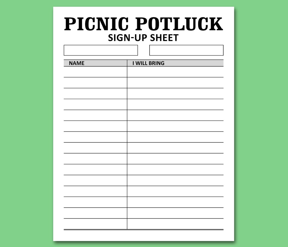 Picnic Potluck Sign up Sheet Printable Template Celebration - Etsy