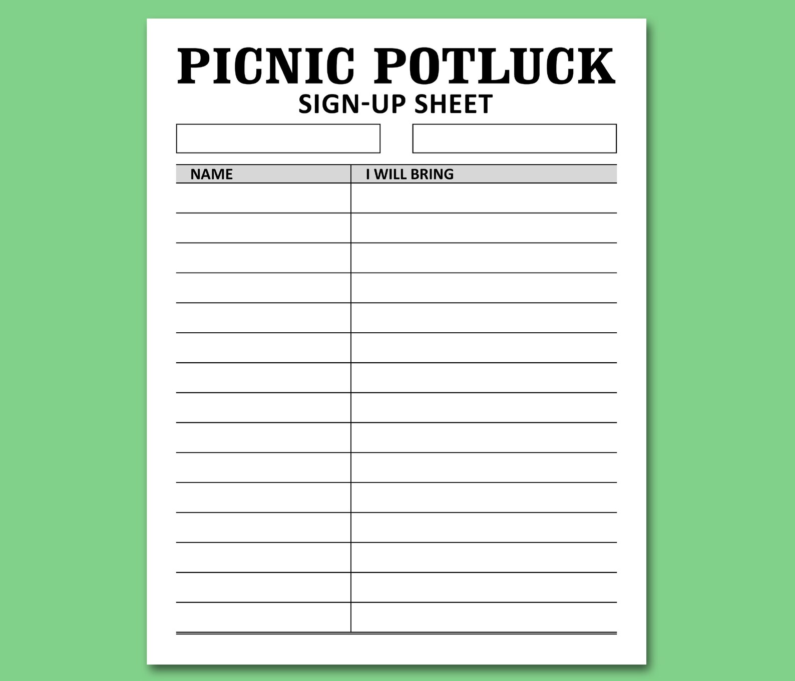 Picnic Potluck Sign up Sheet Printable Template Celebration - Etsy