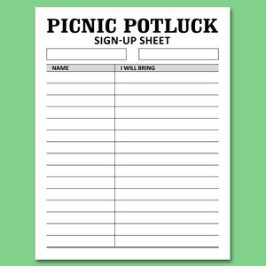 Picnic Potluck Sign up Sheet Printable Template Celebration - Etsy