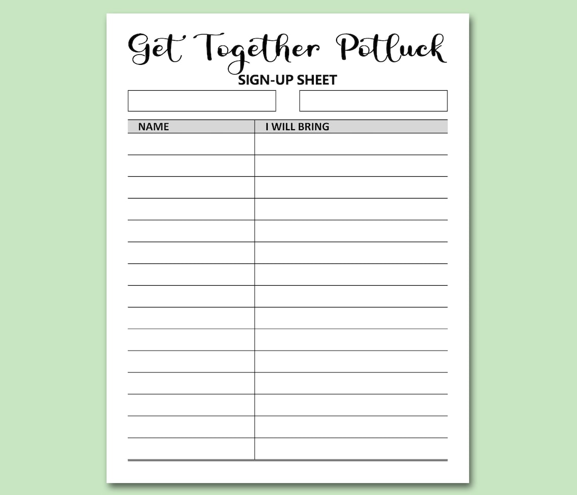 Get Together Potluck Sign up Sheet Printable, Signup Form Potluck ...