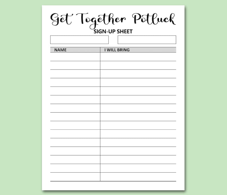 Get Together Potluck Sign up Sheet Printable, Signup Form Potluck ...