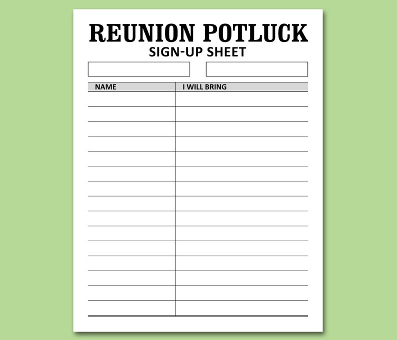 Reunion Potluck Sign up Sheet Printable Template, Celebration Gathering ...