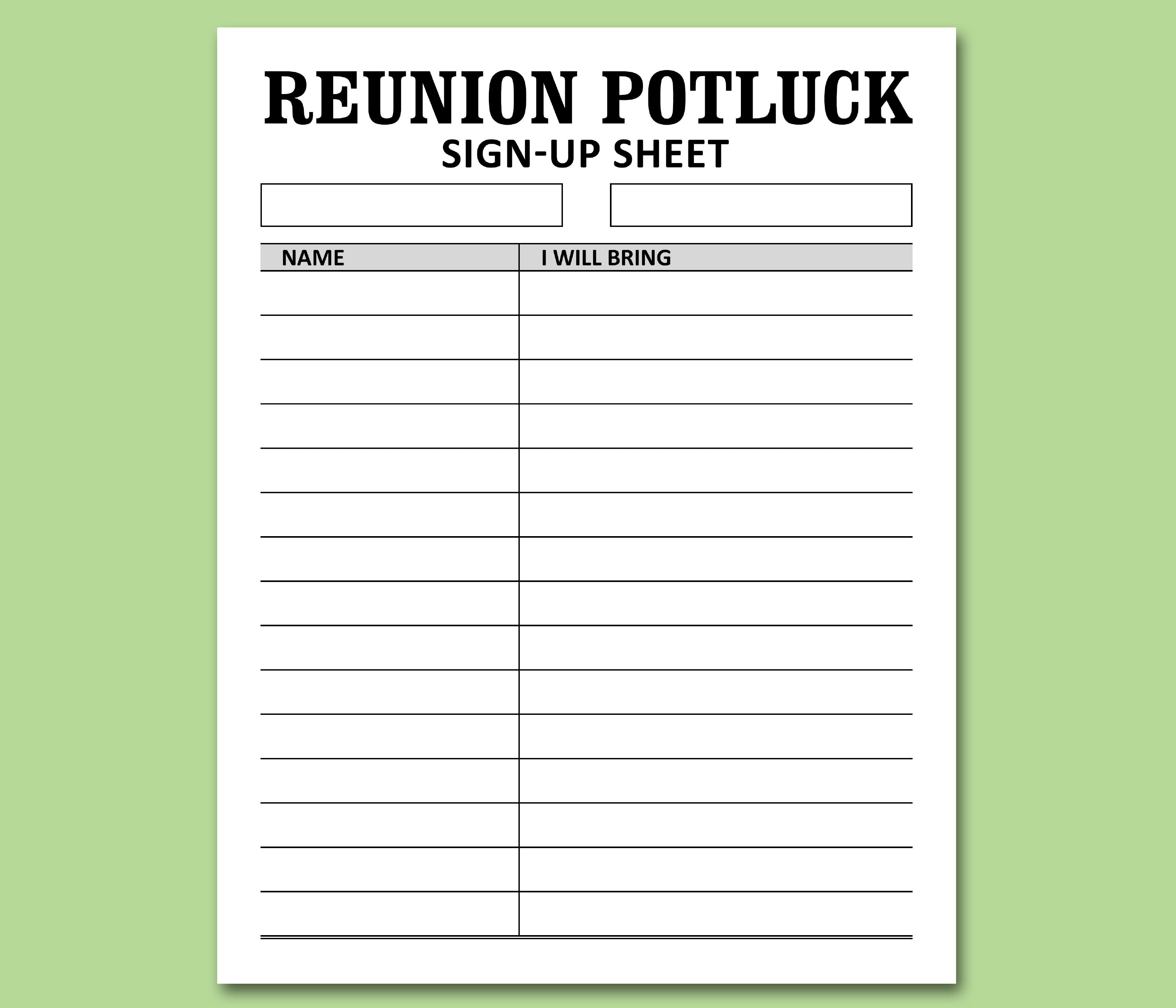 Reunion Potluck Sign up Sheet Printable Template, Celebration Gathering ...