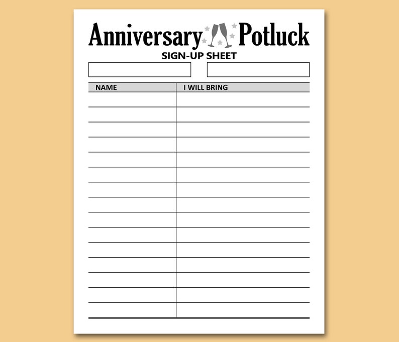 Anniversary Potluck Sign up Form PRINTABLE, Signup Sheet Potluck Dinner ...