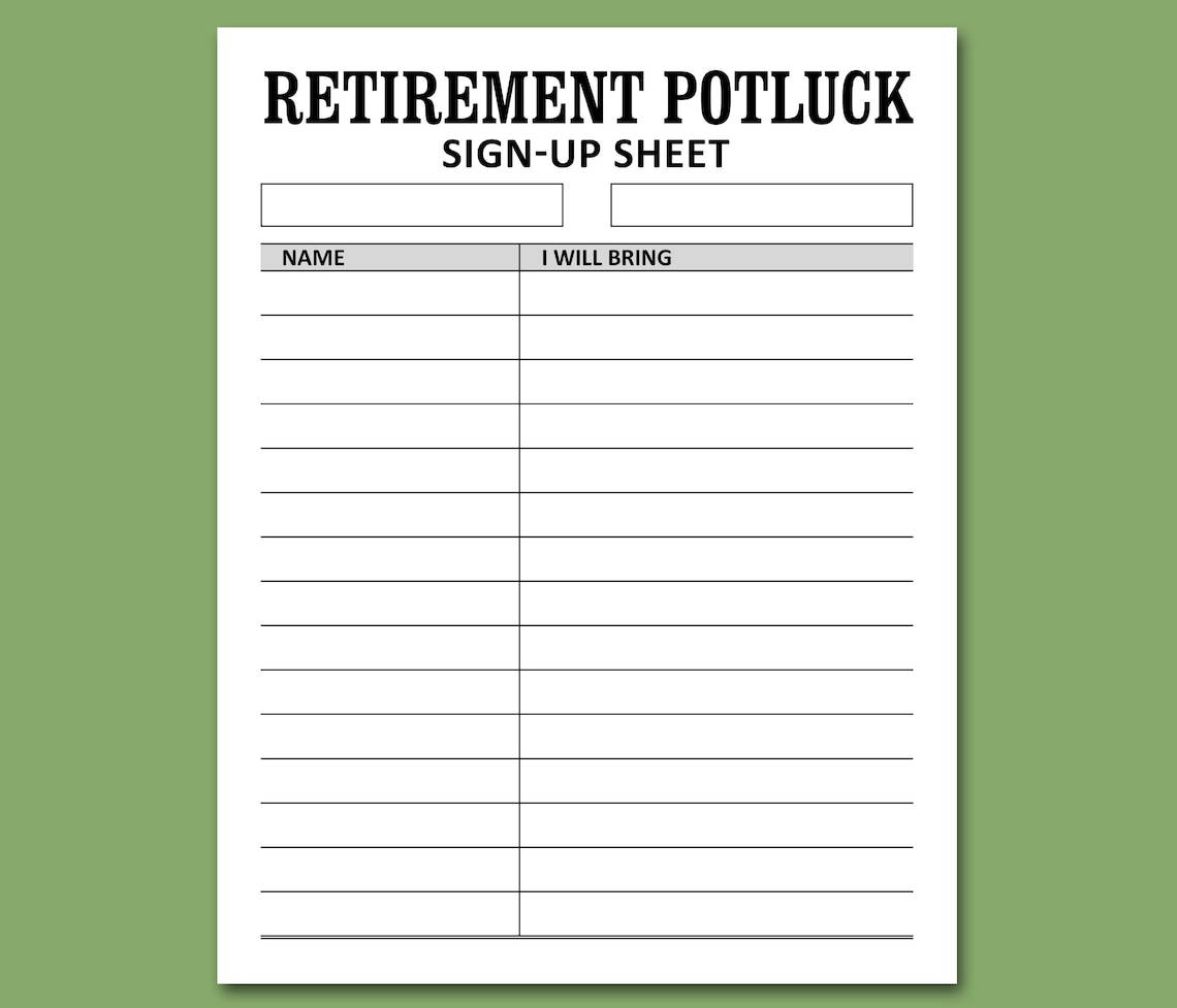 Retirement Potluck Sign up Sheet Printable Template Brunch - Etsy