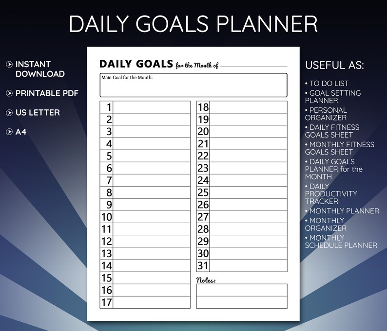 DAILY GOALS Planner Printable - Daily to Do List for the Month - Etsy