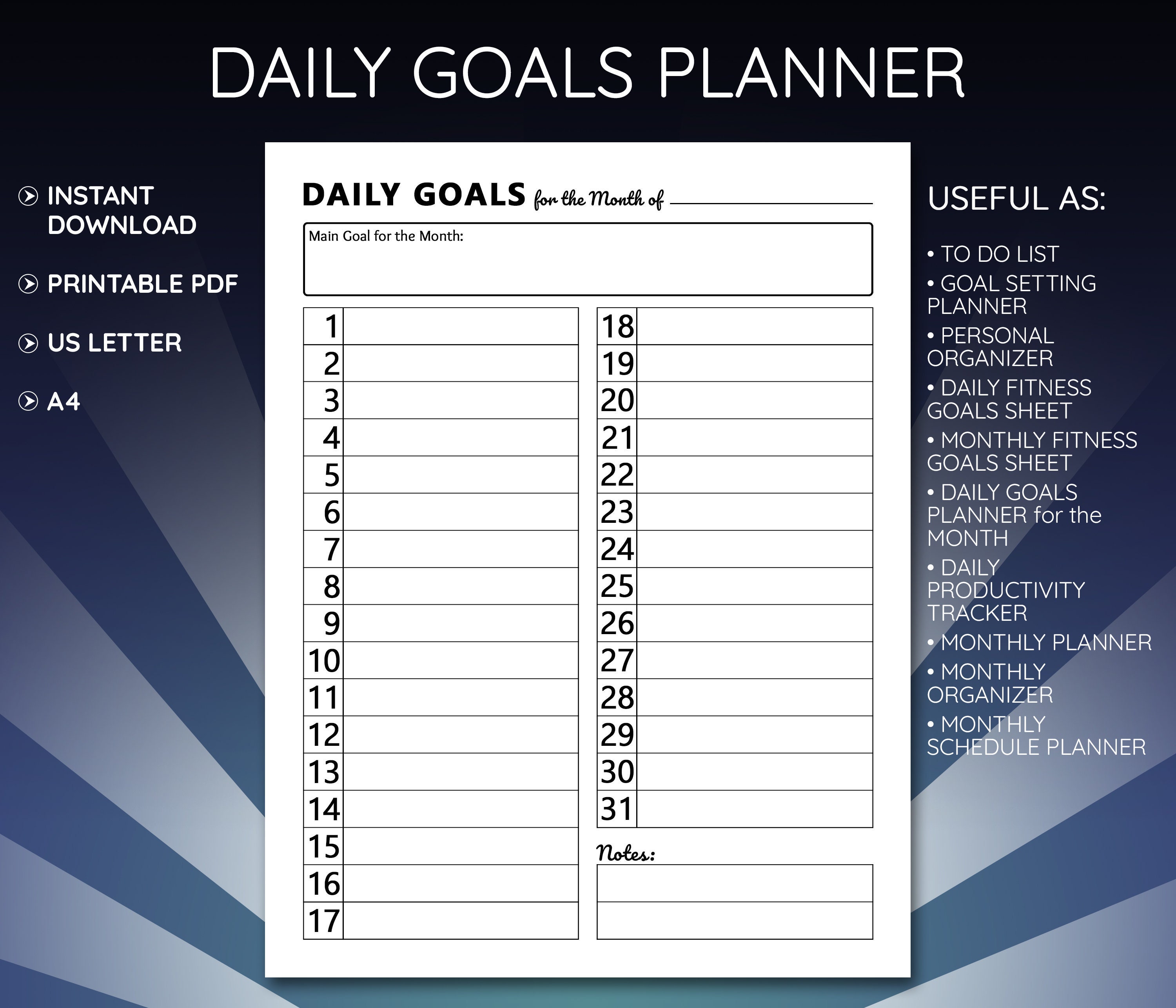 DAILY GOALS Planner Printable - Daily to Do List for the Month - Etsy