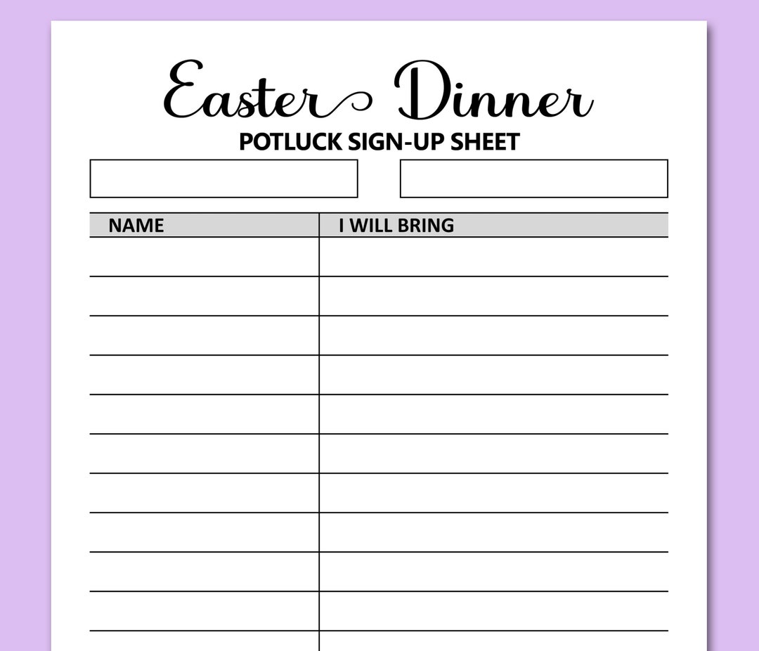 Easter Dinner Potluck Sign up Sheet Printable, Signup Form Potluck ...