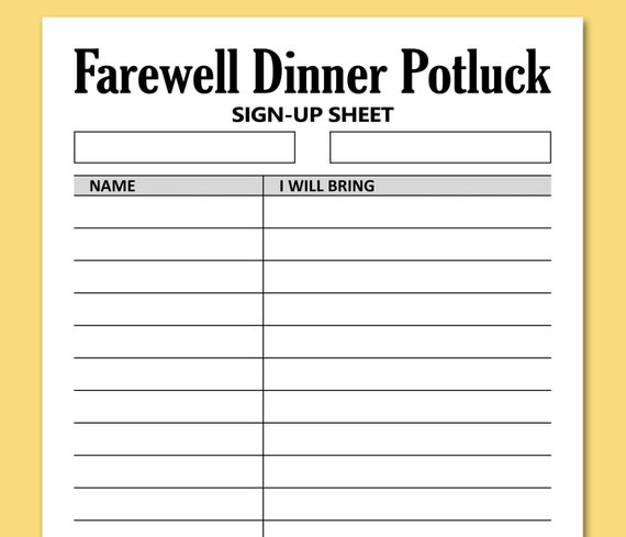 Farewell Dinner Potluck Sign up Form PRINTABLE Party Signup | Etsy