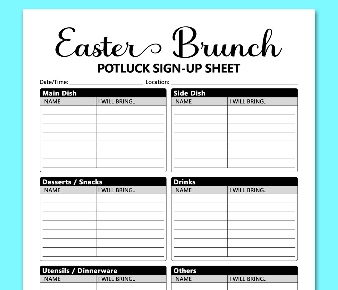 Easter Brunch Potluck Sign up Sheet Printable, Signup Form Potluck ...