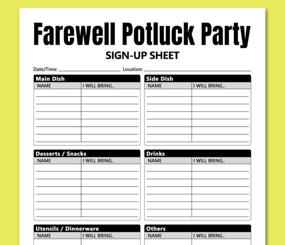 Farewell Potluck Party Sign up Sheet PRINTABLE Party Signup | Etsy
