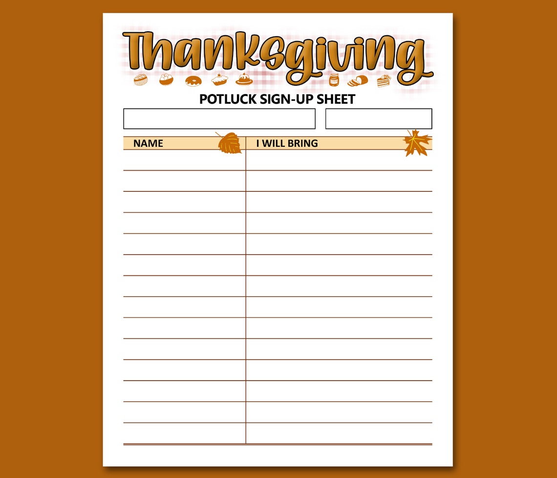 Thanksgiving Potluck Sign up Sheet Printable Form Letter Size - Etsy