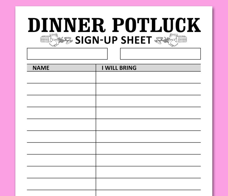Dinner Potluck Sign up Sheet PRINTABLE Template, Office Celebration Co ...