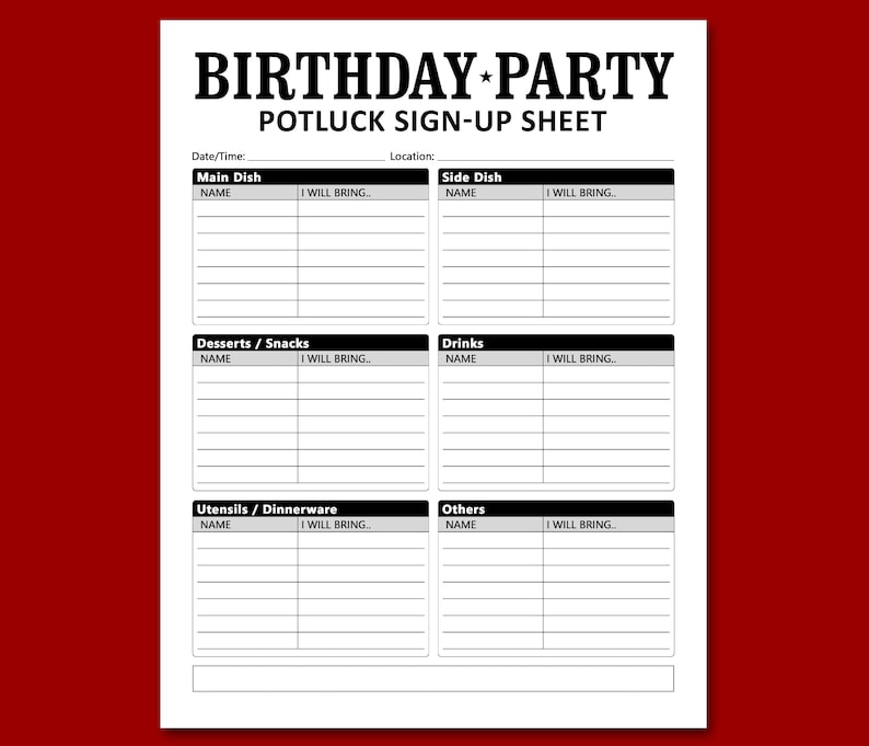 Birthday Potluck Sign up Sheet Printable Template, Brunch Dinner Party ...