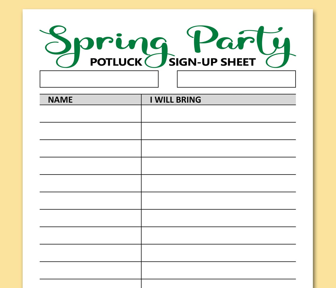 Spring Party Potluck Sign up Sheet Printable, Signup Form for Potluck ...
