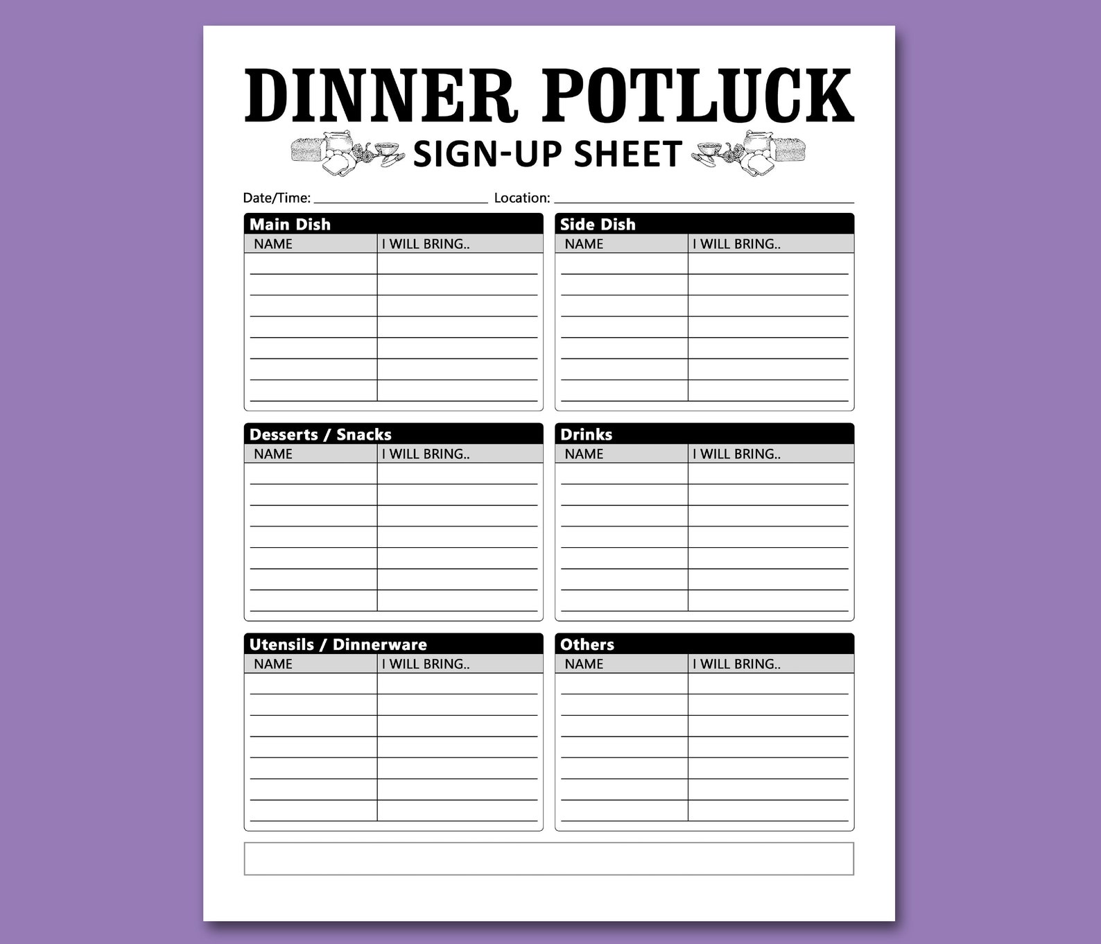 Dinner Potluck Sign up Sheet PRINTABLE Template, Work Gathering Co ...