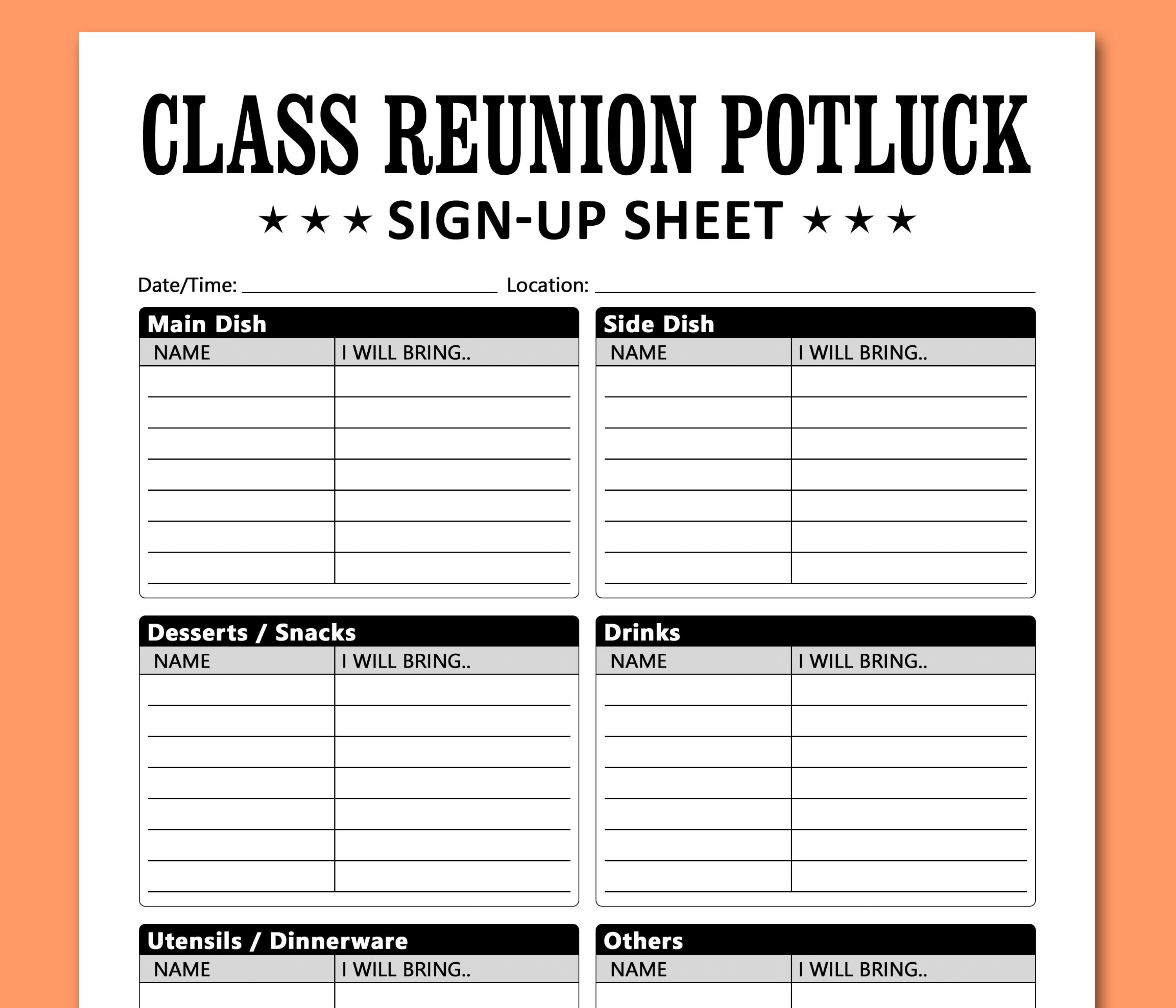 Class Reunion Potluck Sign up Sheet Printable Template, Celebration ...