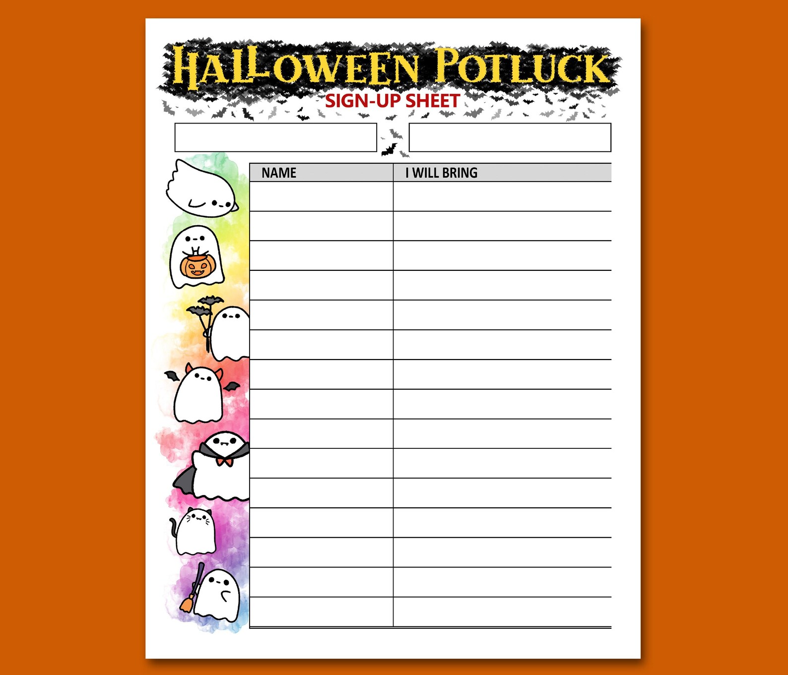 Halloween Potluck Sign up Sheet Printable Letter Size, Halloween Dinner ...