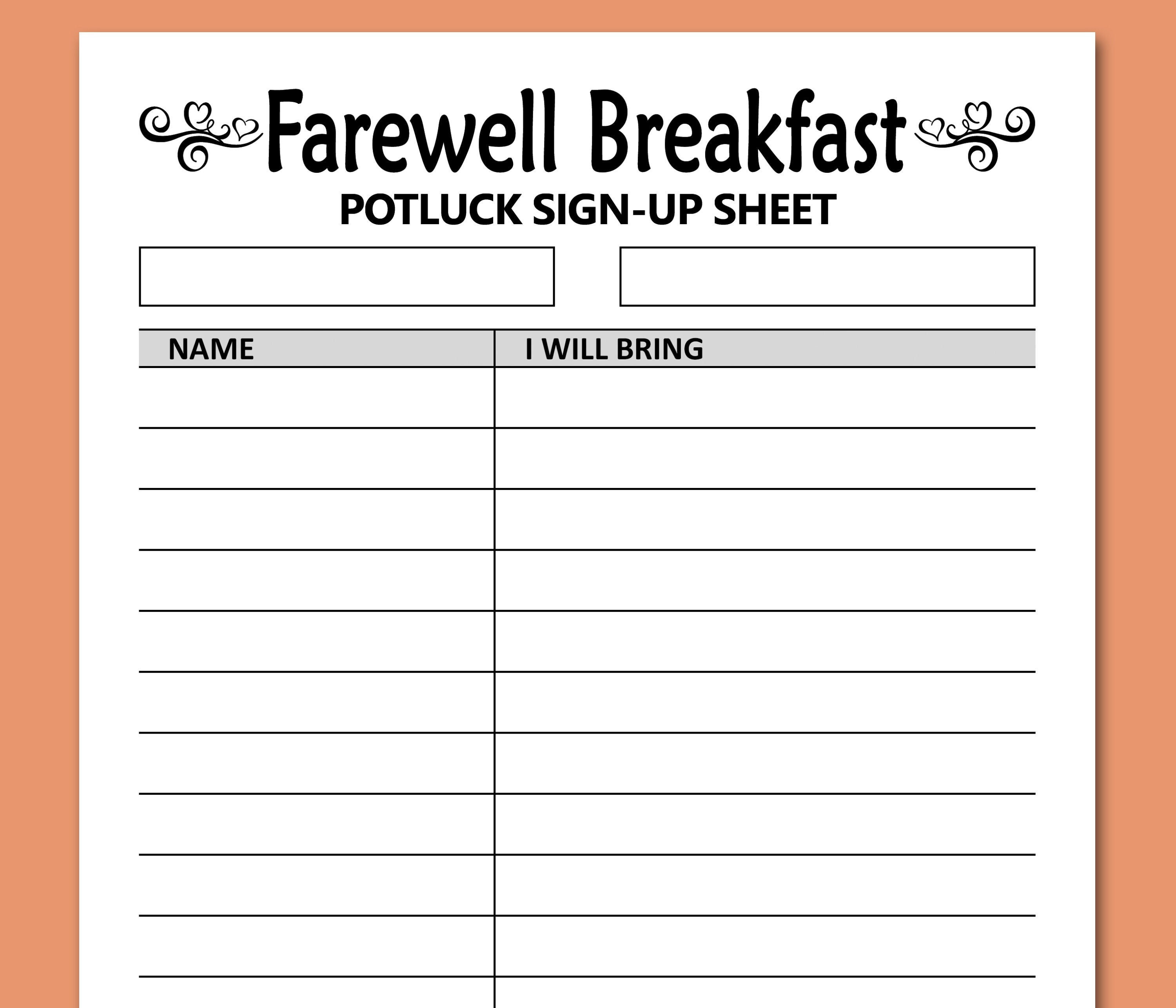 Farewell Breakfast Potluck Sign Up Sheet PRINTABLE Food Etsy