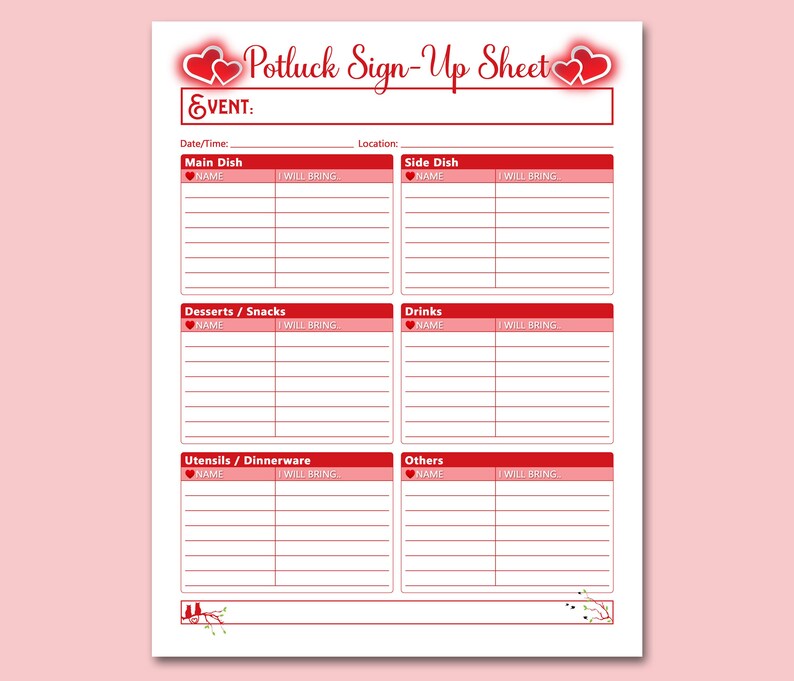 Valentine Potluck Sign up Sheet Printable Template, Potluck Dinner ...