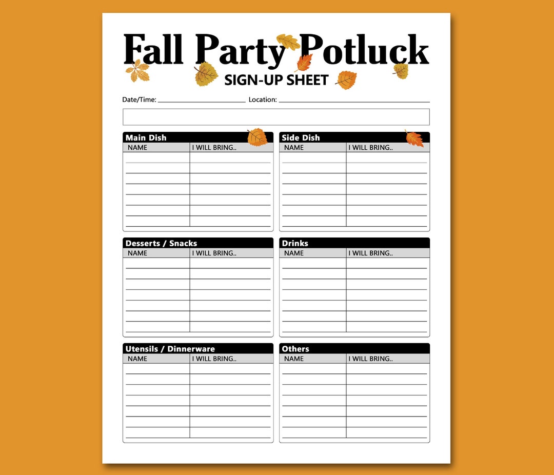 Fall Party Potluck Sign up Sheet Printable, Signup Form, Fall Potluck ...