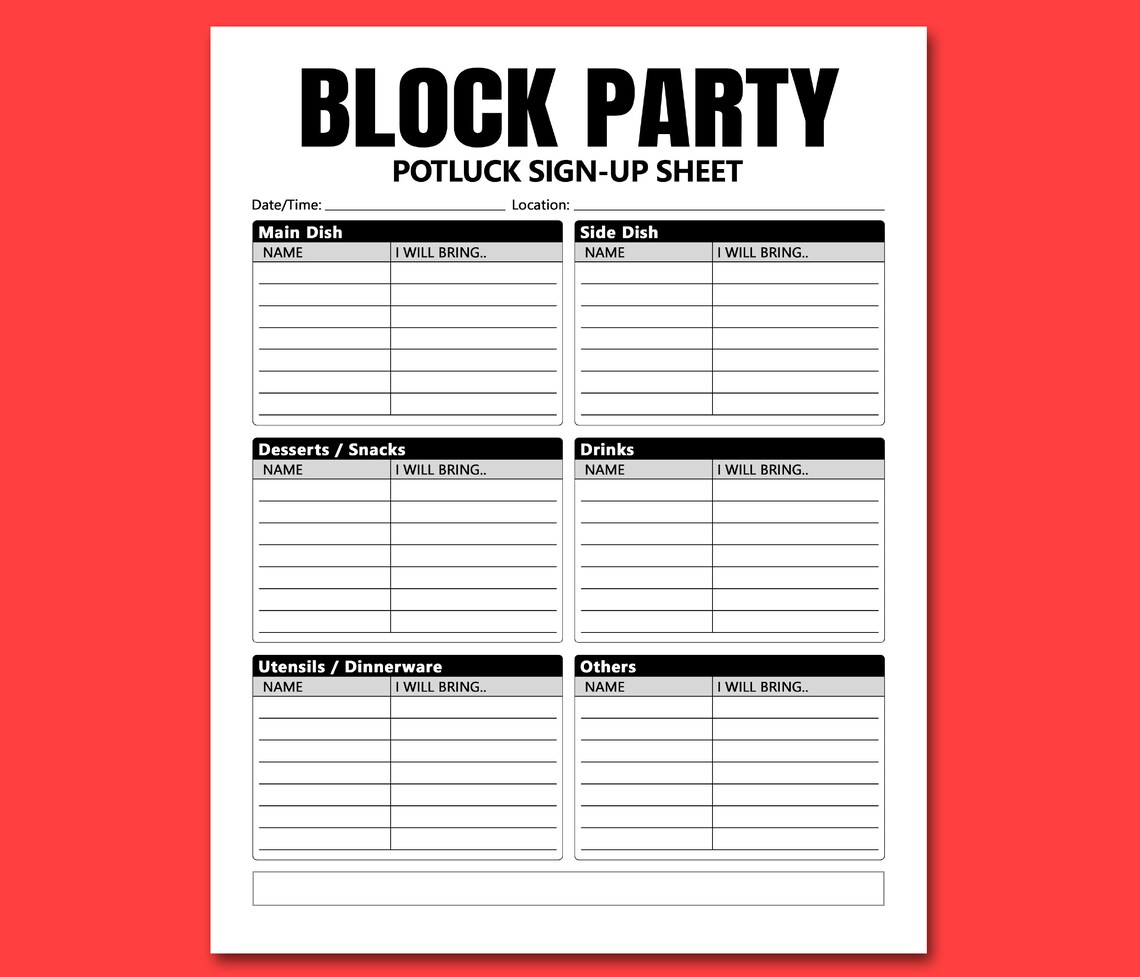 Block Party Potluck Sign up Sheet Printable, Potluck Dinner Signup Form ...
