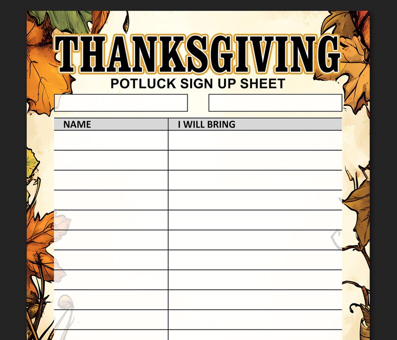 Thanksgiving Potluck Sign up Sheet Printable Form, Office Thanksgiving ...