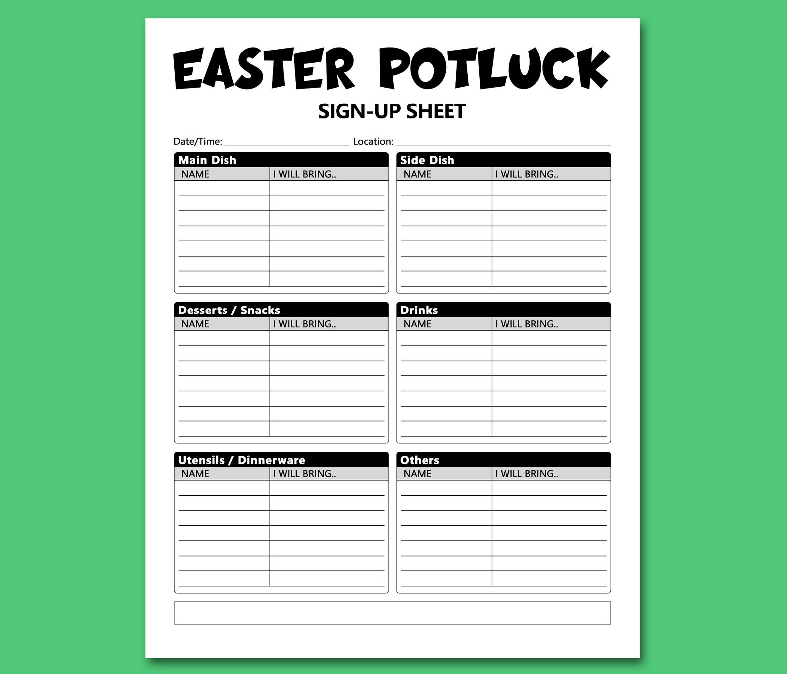 Easter Potluck Sign up Sheet Printable, Signup Form Potluck Dinner ...
