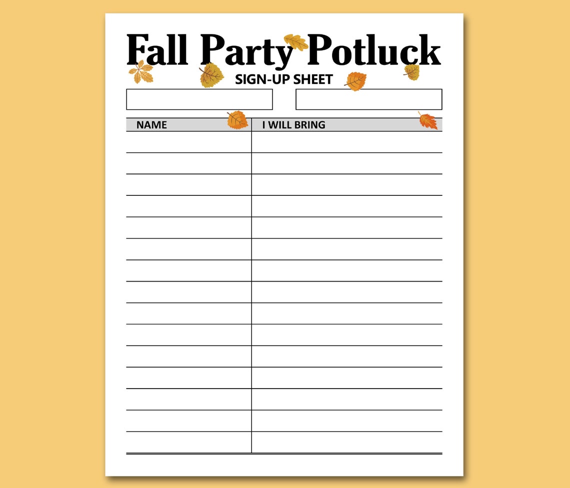 Fall Potluck Sign up Sheet Printable, Signup Form, Fall Party Potluck ...