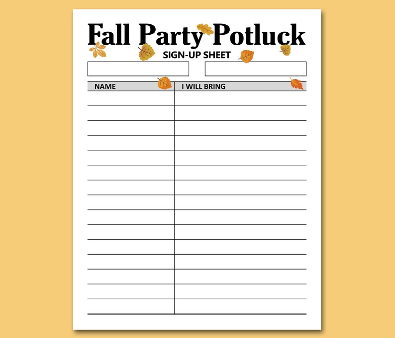 Fall Potluck Sign up Sheet Printable, Signup Form, Fall Party Potluck ...