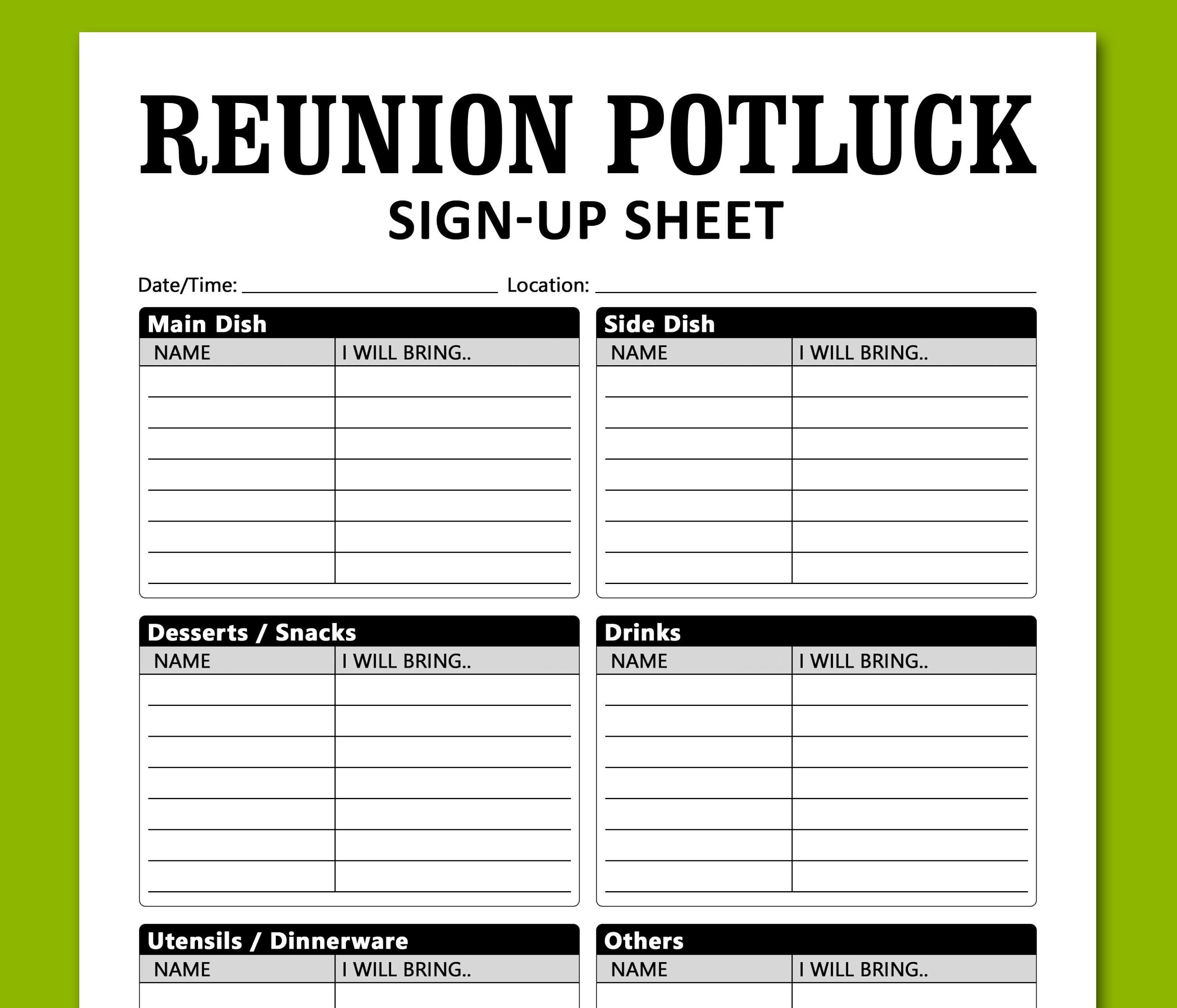 Reunion Potluck Sign up Sheet Printable Template, Celebration Gathering ...