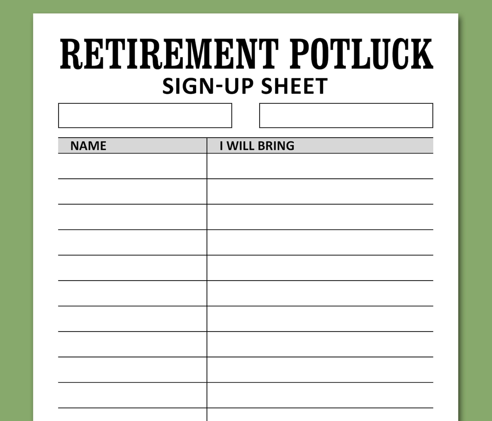 Retirement Potluck Sign up Sheet Printable Template, Brunch Dinner ...