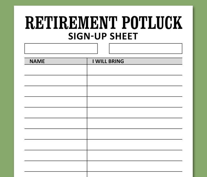 Retirement Potluck Sign up Sheet Printable Template, Brunch Dinner ...