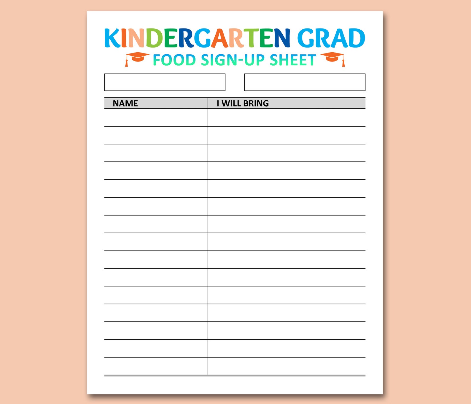 Kindergarten Graduation Food Potluck Sign up Sheet Printable, School ...