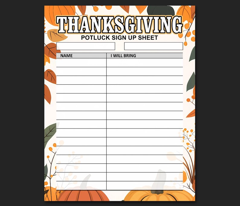 Thanksgiving Potluck Sign up Sheet Printable Form, Office Thanksgiving ...
