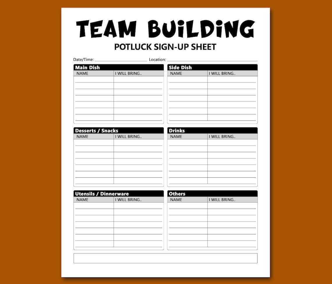 Team Building Potluck Sign up Sheet Printable, Signup Form Potluck ...