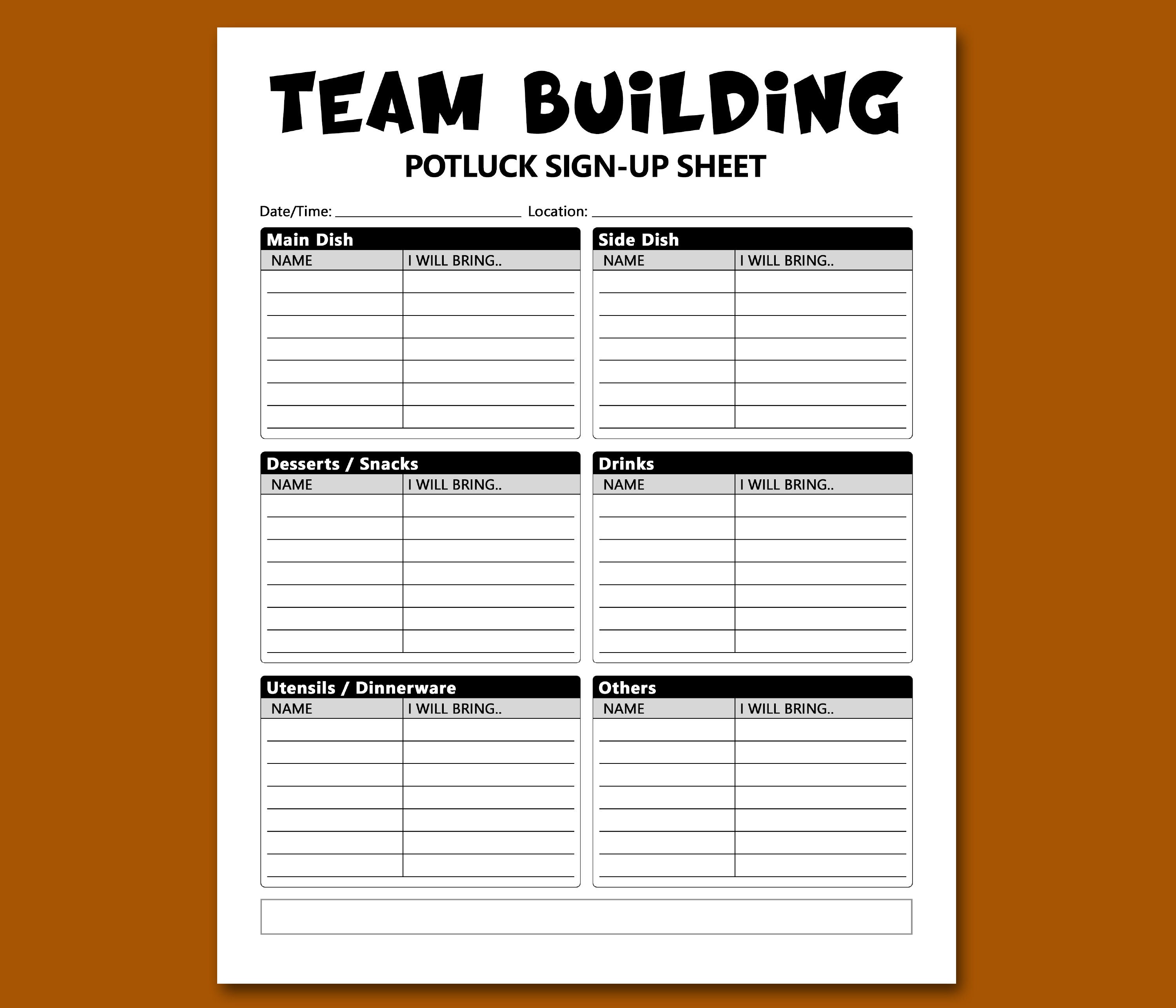 Team Building Potluck Sign up Sheet Printable, Signup Form Potluck ...