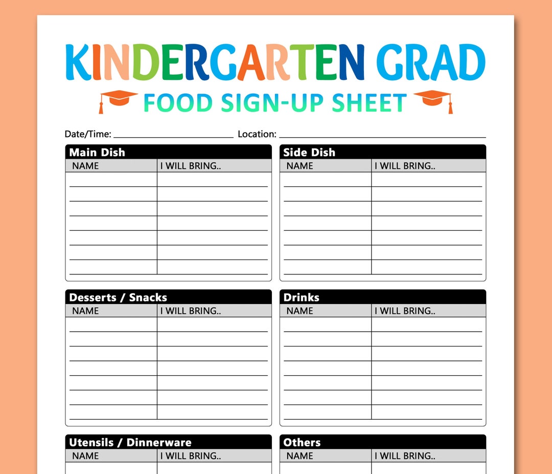 Kindergarten Graduation Food Potluck Sign up Sheet Printable, Kids ...