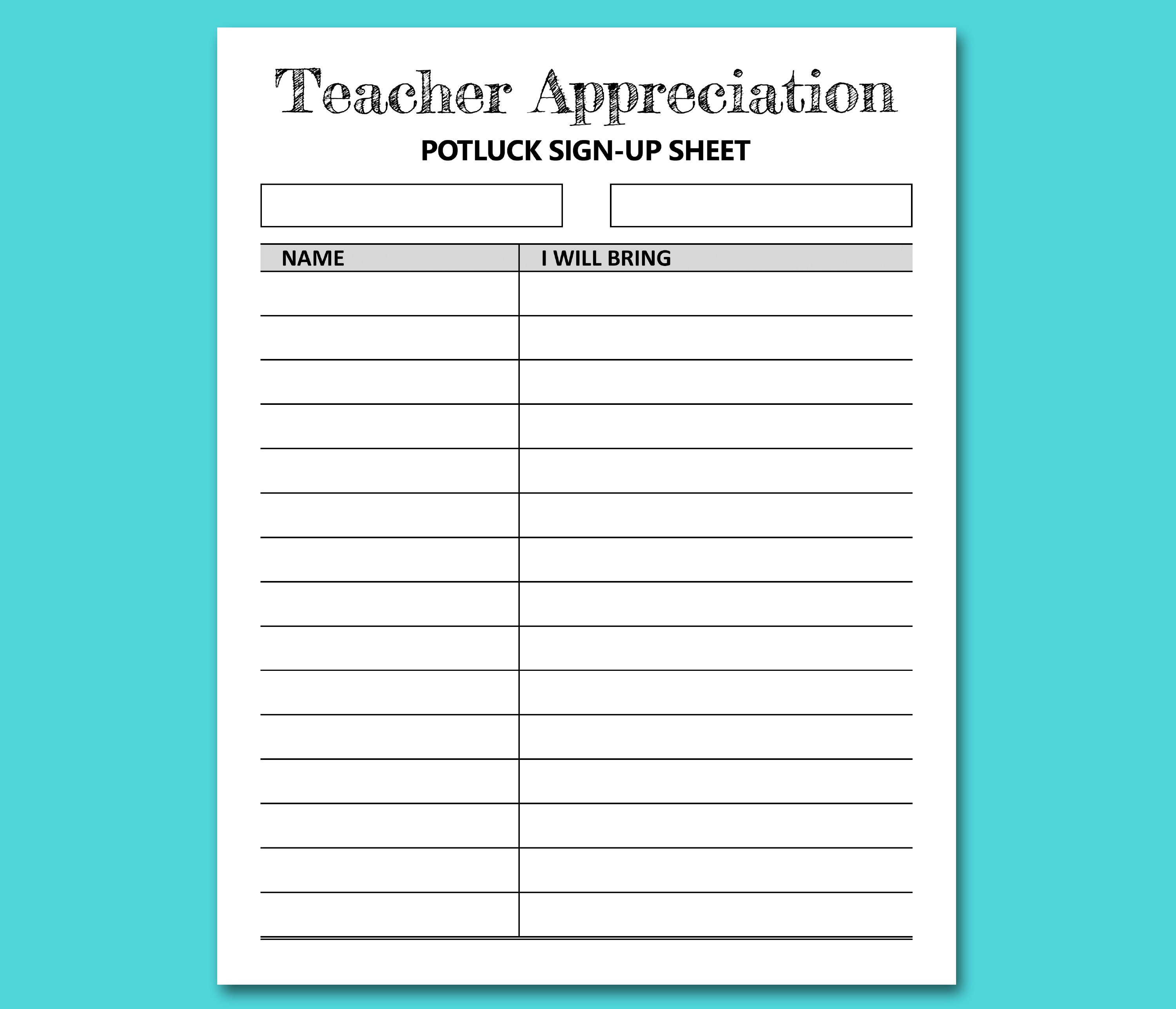 Teacher Appreciation Potluck Sign up Sheet Printable, Signup Form ...