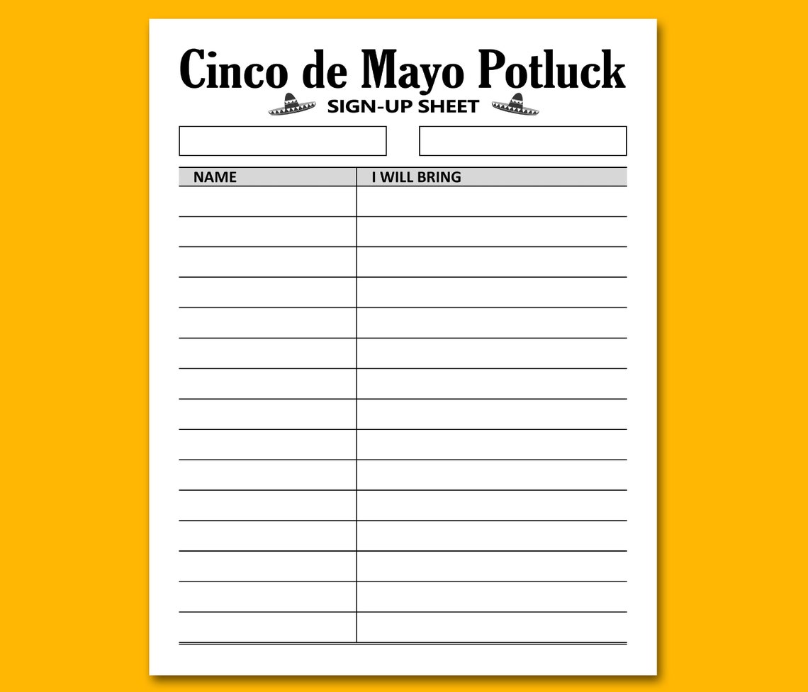 Cinco De Mayo Potluck Sign up Sheet PRINTABLE, Party Signup Form ...