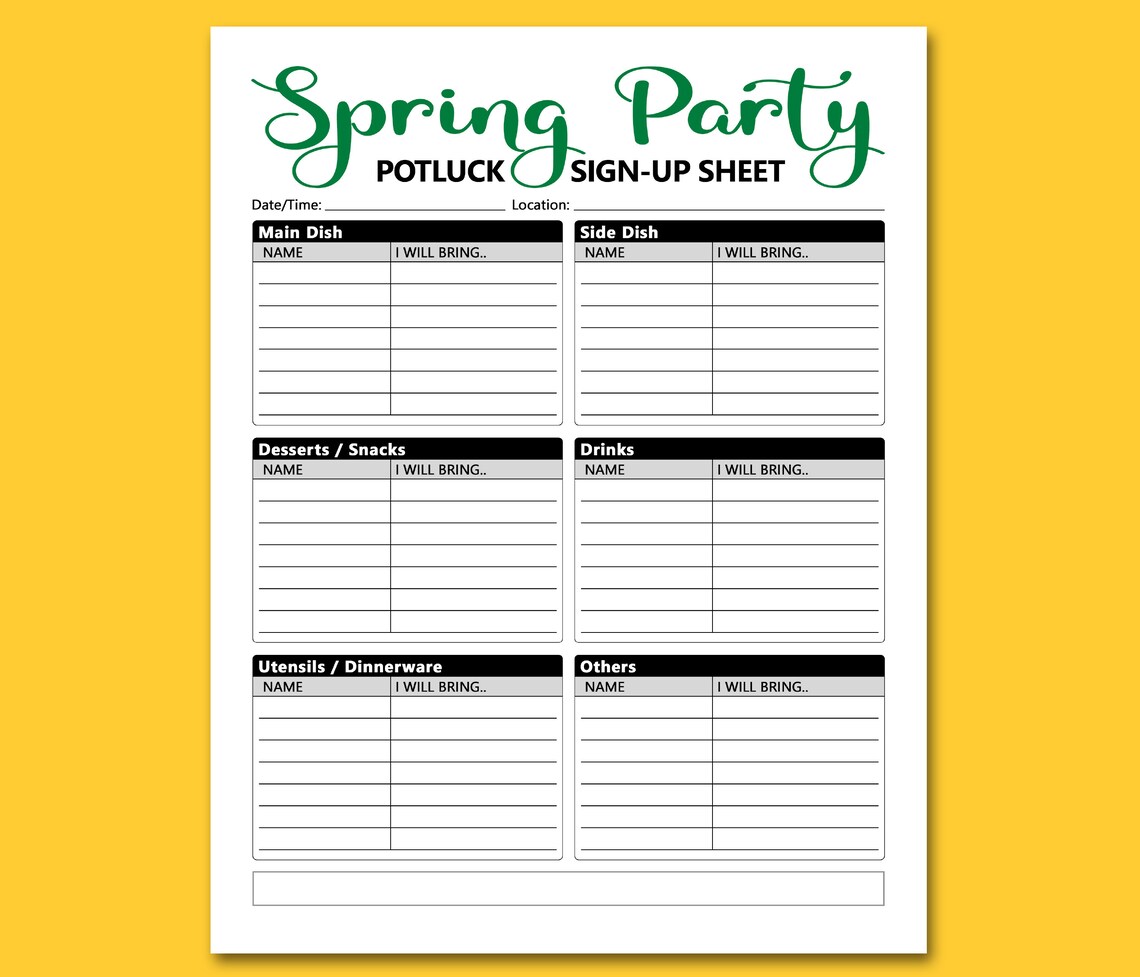 Spring Party Potluck Sign up Sheet Printable, Signup Form for Potluck ...