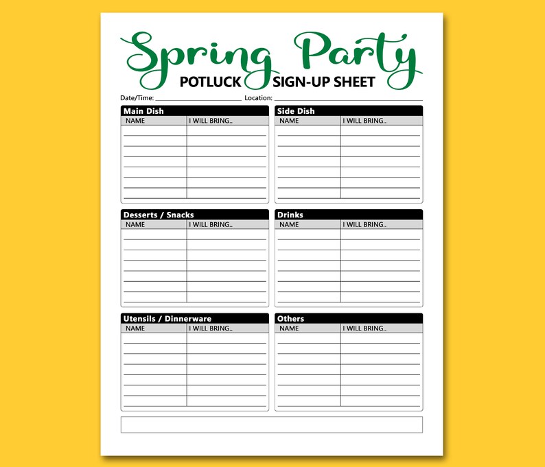 Spring Party Potluck Sign up Sheet Printable, Signup Form for Potluck ...