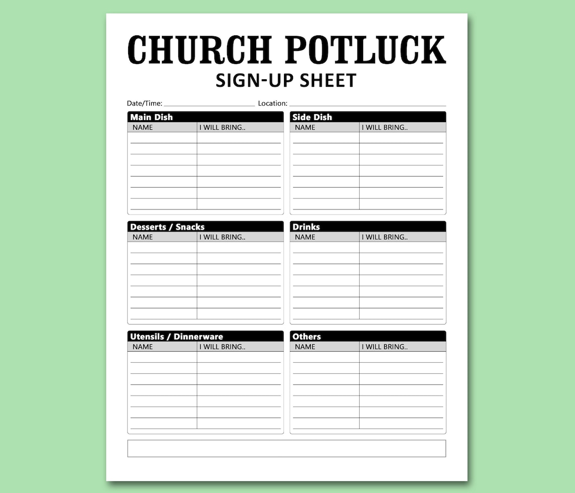 Church Potluck Sign up Sheet Printable Template, Faith Community Brunch ...