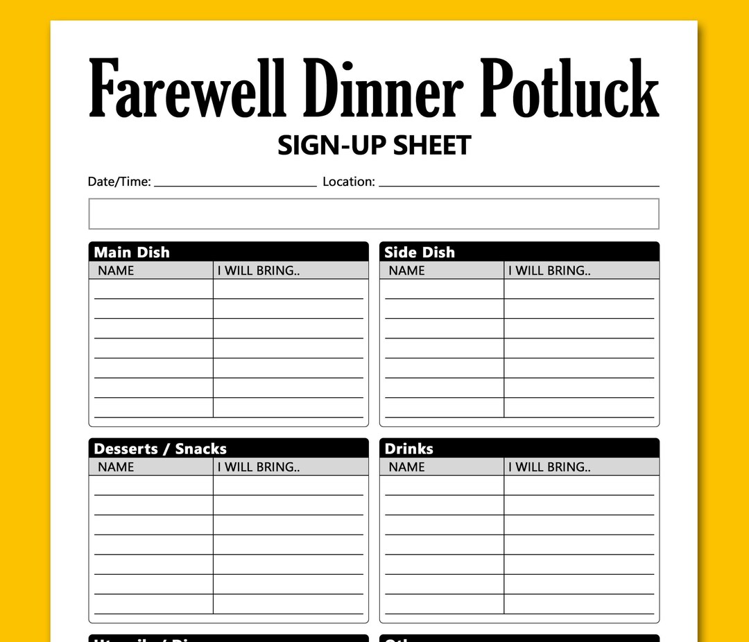 Farewell Dinner Potluck Sign up Sheet PRINTABLE, Party Signup Form ...