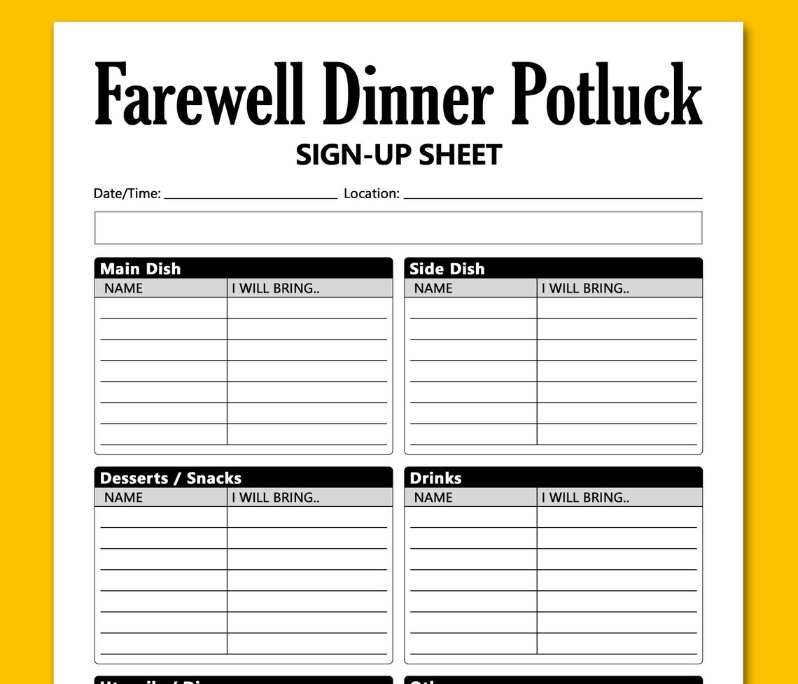 Farewell Dinner Potluck Sign up Sheet PRINTABLE, Party Signup Form ...