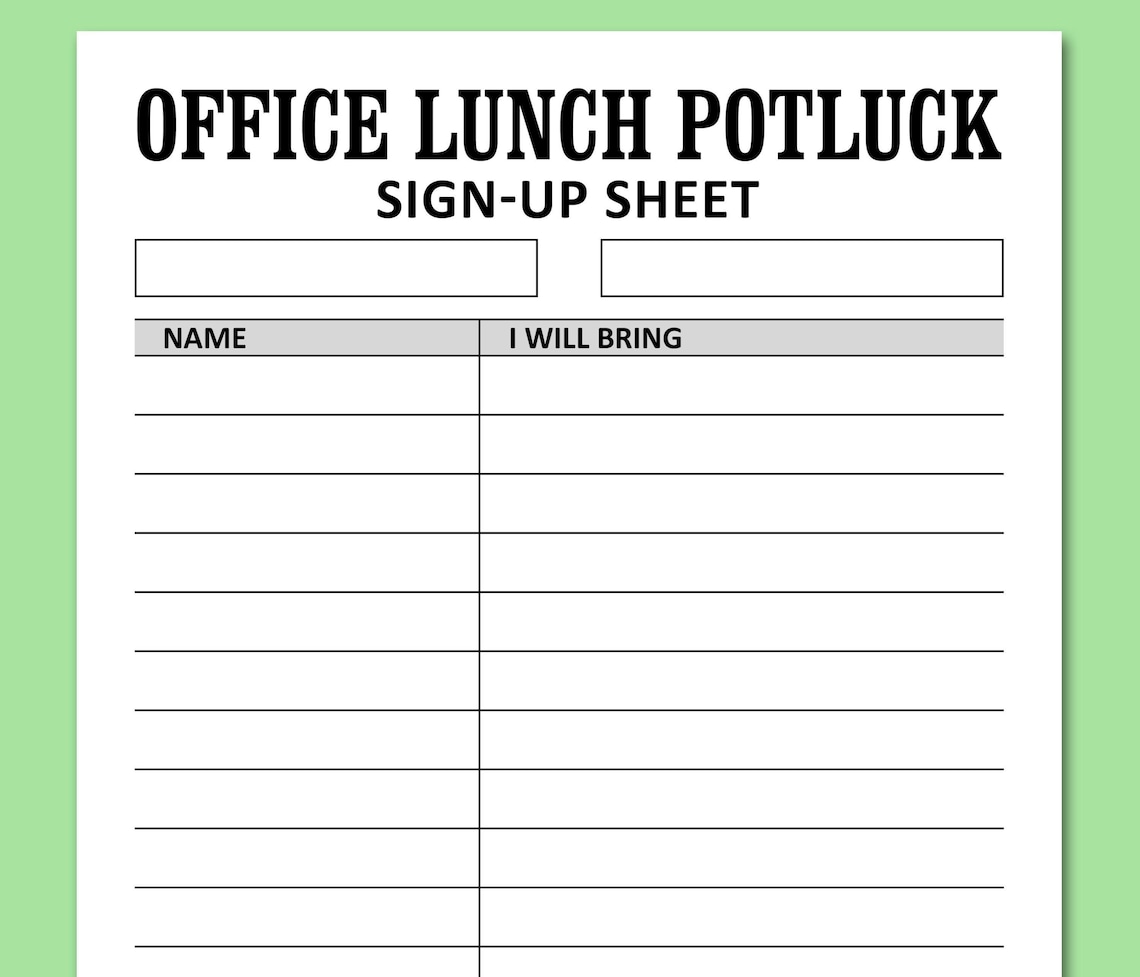 Office Lunch Potluck Sign up Sheet PRINTABLE Template, Work Gathering ...