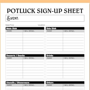 Potluck Sign up Sheet Printable PDF, Dinner Party Signup, Halloween ...