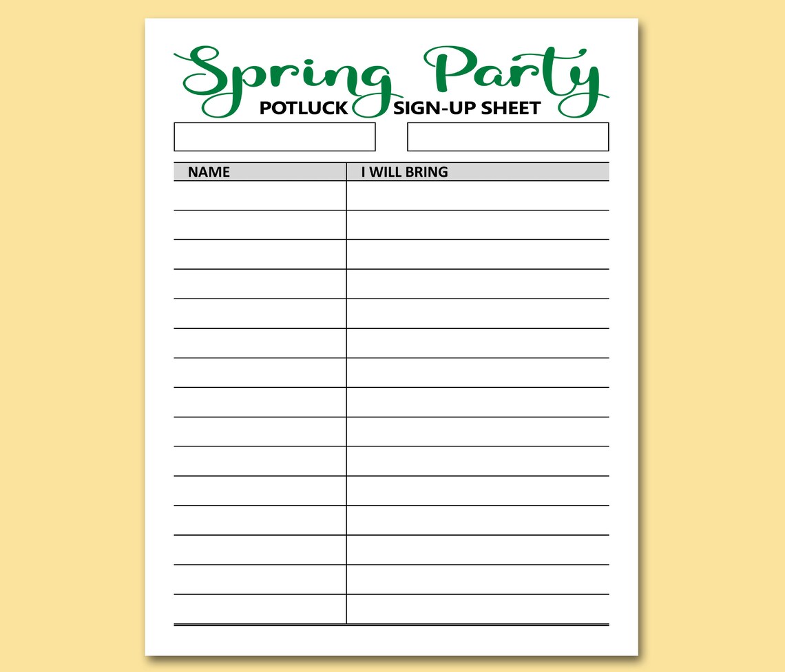 Spring Party Potluck Sign up Sheet Printable, Signup Form for Potluck ...